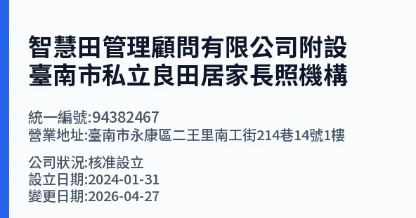 智慧田管理顧問有限公司附設臺南市私立良田居家長照機構的照片-統編 94382467(臺南市) 公司登記資料與營業項目詳細圖表