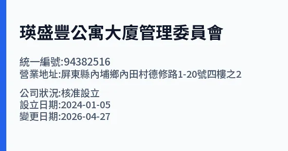 瑛盛豐公寓大廈管理委員會的照片-統編 94382516(屏東縣) 公司登記資料與營業項目詳細圖表