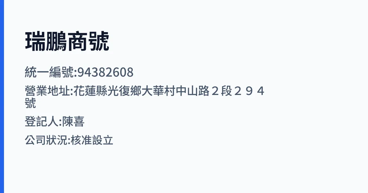 瑞鵬商號 - 統編 94382608(花蓮縣) 公司登記資料與營業項目詳細圖表