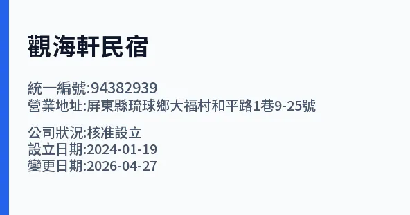 觀海軒民宿的照片-統編 94382939(屏東縣) 公司登記資料與營業項目詳細圖表