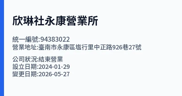 欣琳社永康營業所的照片-統編 94383022(臺南市) 公司登記資料與營業項目詳細圖表