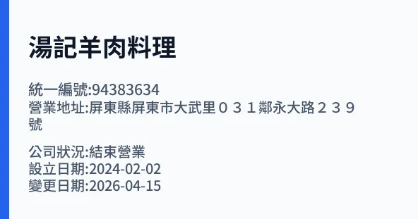 湯記羊肉料理的照片-統編 94383634(屏東縣) 公司登記資料與營業項目詳細圖表