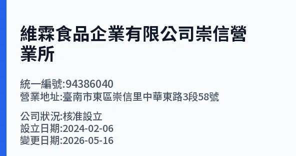 維霖食品企業有限公司崇信營業所的照片-統編 94386040(臺南市) 公司登記資料與營業項目詳細圖表