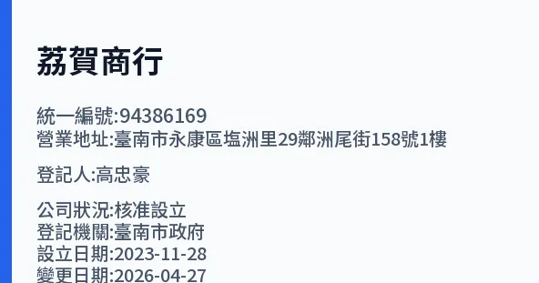 荔賀商行的照片-統編 94386169(臺南市) 公司登記資料與營業項目詳細圖表