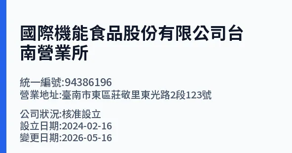 國際機能食品股份有限公司台南營業所的照片-統編 94386196(臺南市) 公司登記資料與營業項目詳細圖表