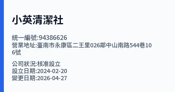 小英清潔社的照片-統編 94386626(臺南市) 公司登記資料與營業項目詳細圖表