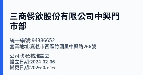 三商餐飲股份有限公司中興門市部的照片-統編 94386652(嘉義市) 公司登記資料與營業項目詳細圖表