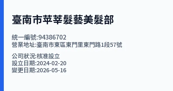 臺南市苹莘髮藝美髮部的照片-統編 94386702(臺南市) 公司登記資料與營業項目詳細圖表
