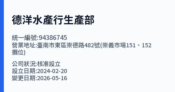 德洋水產行生產部的照片-統編 94386745(臺南市) 公司登記資料與營業項目詳細圖表