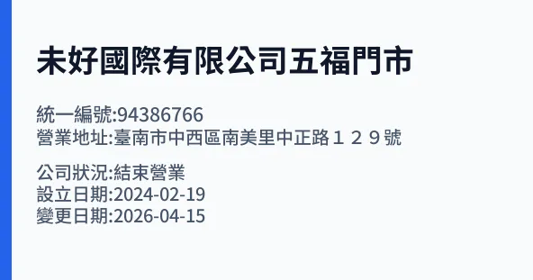 未好國際有限公司五福門市的照片-統編 94386766(臺南市) 公司登記資料與營業項目詳細圖表