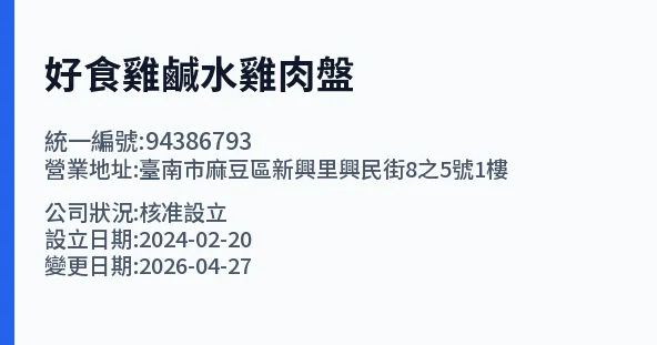 好食雞鹹水雞肉盤的照片-統編 94386793(臺南市) 公司登記資料與營業項目詳細圖表