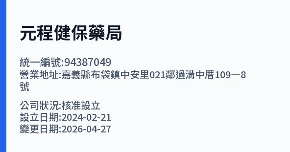 元程健保藥局的照片-統編 94387049(嘉義縣) 公司登記資料與營業項目詳細圖表