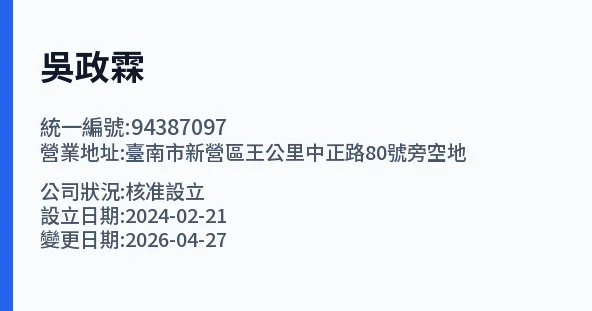 吳政霖的照片-統編 94387097(臺南市) 公司登記資料與營業項目詳細圖表