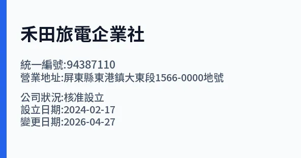 禾田旅電企業社的照片-統編 94387110(屏東縣) 公司登記資料與營業項目詳細圖表