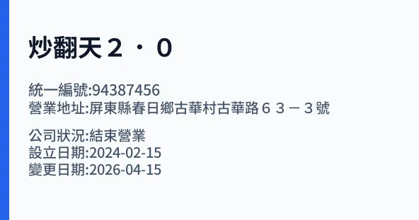 炒翻天２．０的照片-統編 94387456(屏東縣) 公司登記資料與營業項目詳細圖表