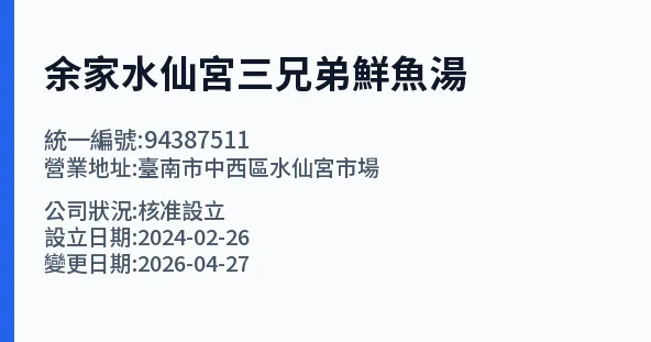 余家水仙宮三兄弟鮮魚湯的照片-統編 94387511(臺南市) 公司登記資料與營業項目詳細圖表