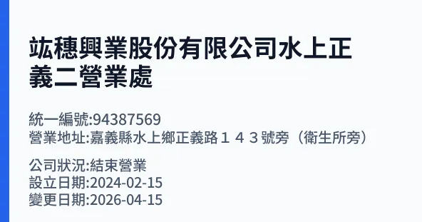 竑穗興業股份有限公司水上正義二營業處的照片-統編 94387569(嘉義縣) 公司登記資料與營業項目詳細圖表