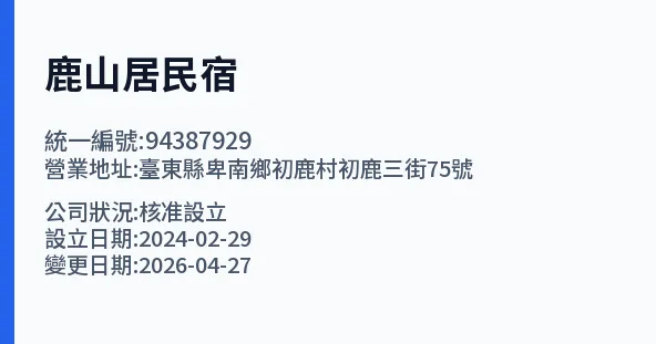 鹿山居民宿的照片-統編 94387929(臺東縣) 公司登記資料與營業項目詳細圖表