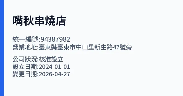 嘴秋串燒店的照片-統編 94387982(臺東縣) 公司登記資料與營業項目詳細圖表