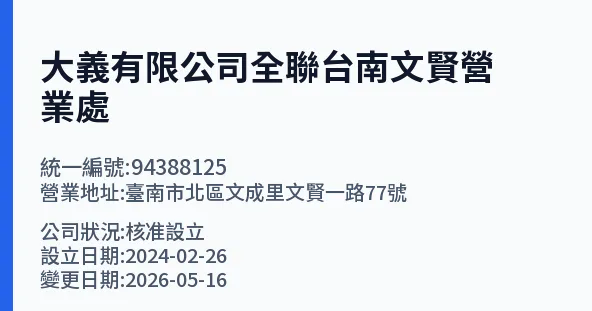 大義有限公司全聯台南文賢營業處的照片-統編 94388125(臺南市) 公司登記資料與營業項目詳細圖表