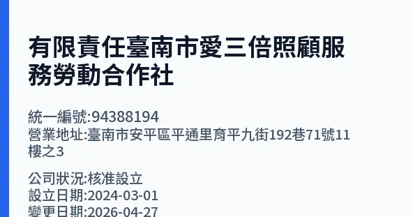 有限責任臺南市愛三倍照顧服務勞動合作社的照片-統編 94388194(臺南市) 公司登記資料與營業項目詳細圖表