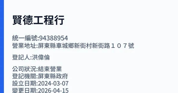 賢德工程行的照片-統編 94388954(屏東縣) 公司登記資料與營業項目詳細圖表
