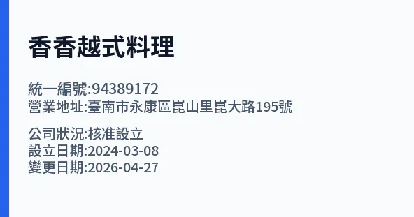 香香越式料理的照片-統編 94389172(臺南市) 公司登記資料與營業項目詳細圖表
