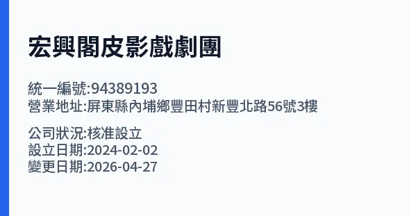 宏興閣皮影戲劇團的照片-統編 94389193(屏東縣) 公司登記資料與營業項目詳細圖表