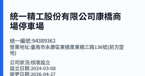統一精工股份有限公司康橋商場停車場的照片-統編 94389362(臺南市) 公司登記資料與營業項目詳細圖表