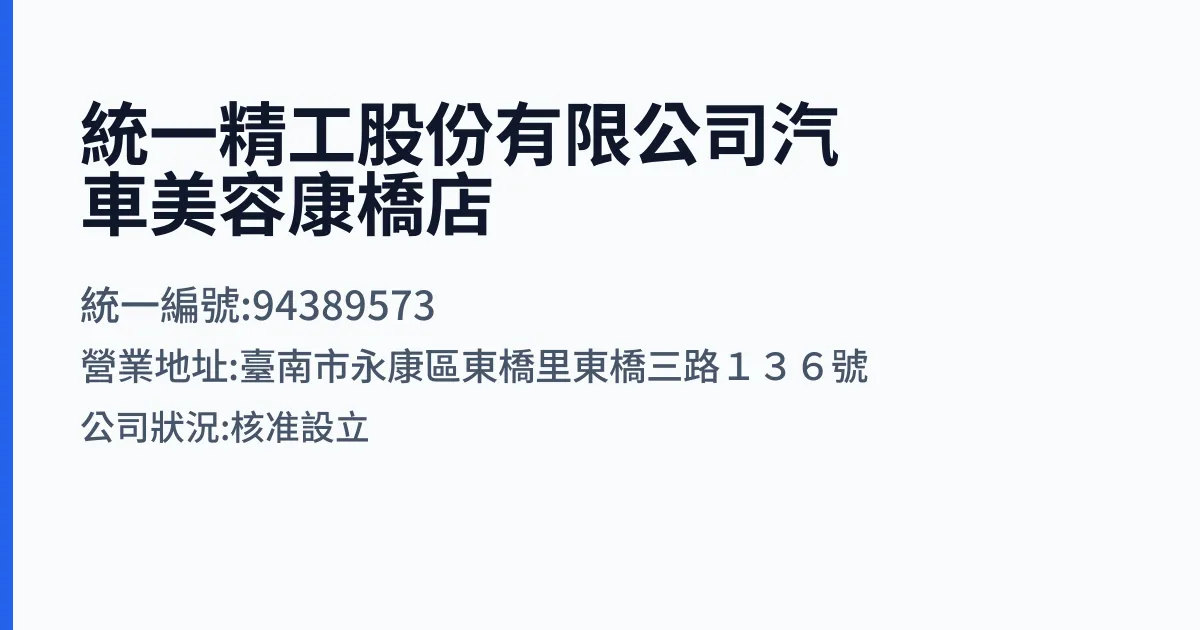 統一精工股份有限公司汽車美容康橋店 - 統編 94389573(臺南市) 公司登記資料與營業項目詳細圖表