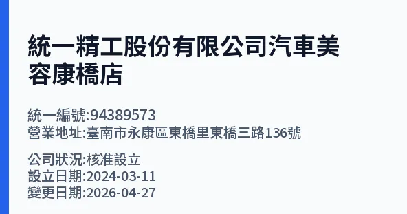 統一精工股份有限公司汽車美容康橋店的照片-統編 94389573(臺南市) 公司登記資料與營業項目詳細圖表