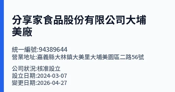分享家食品股份有限公司大埔美廠的照片-統編 94389644(嘉義縣) 公司登記資料與營業項目詳細圖表
