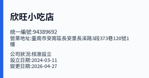 欣旺小吃店的照片-統編 94389692(臺南市) 公司登記資料與營業項目詳細圖表