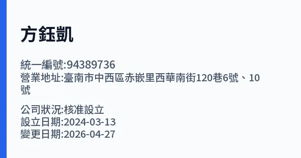 方鈺凱的照片-統編 94389736(臺南市) 公司登記資料與營業項目詳細圖表