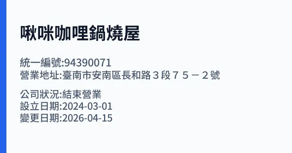 啾咪咖哩鍋燒屋的照片-統編 94390071(臺南市) 公司登記資料與營業項目詳細圖表