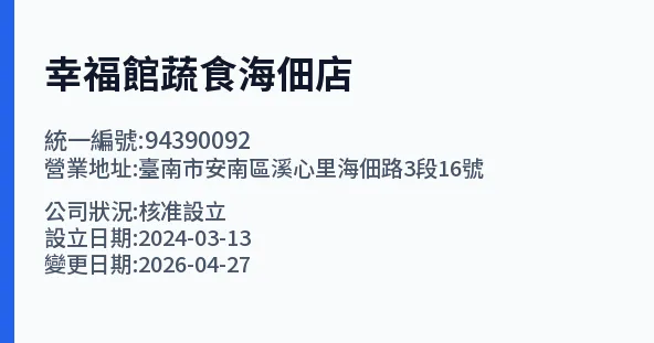幸福館蔬食海佃店的照片-統編 94390092(臺南市) 公司登記資料與營業項目詳細圖表