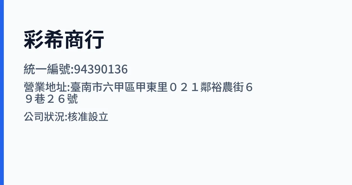 彩希商行 - 統編 94390136(臺南市) 公司登記資料與營業項目詳細圖表