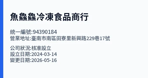 魚鱻鱻冷凍食品商行的照片-統編 94390184(臺南市) 公司登記資料與營業項目詳細圖表