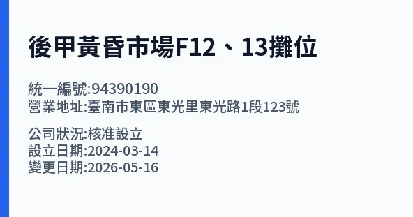後甲黃昏市場F12、13攤位的照片-統編 94390190(臺南市) 公司登記資料與營業項目詳細圖表