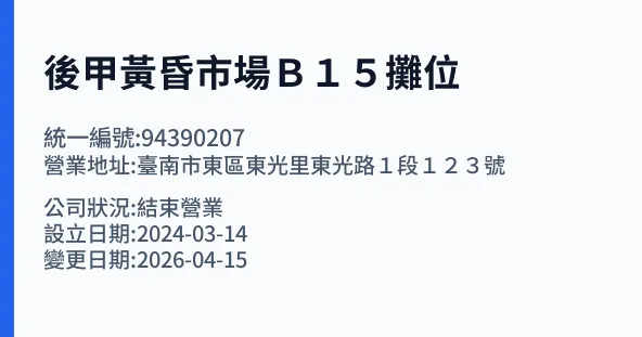後甲黃昏市場Ｂ１５攤位的照片-統編 94390207(臺南市) 公司登記資料與營業項目詳細圖表