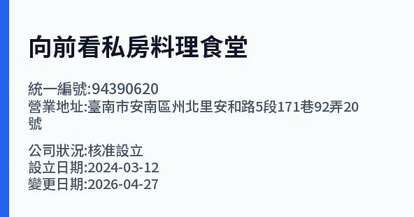 向前看私房料理食堂的照片-統編 94390620(臺南市) 公司登記資料與營業項目詳細圖表