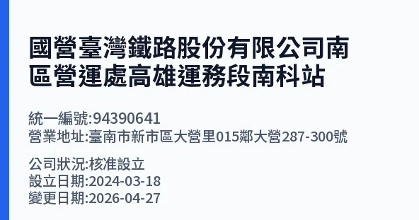 國營臺灣鐵路股份有限公司南區營運處高雄運務段南科站的照片-統編 94390641(臺南市) 公司登記資料與營業項目詳細圖表
