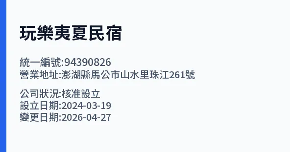 玩樂夷夏民宿的照片-統編 94390826(澎湖縣) 公司登記資料與營業項目詳細圖表
