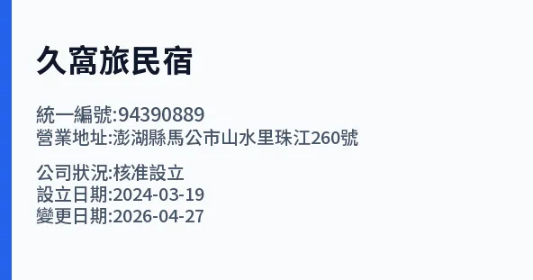 久窩旅民宿的照片-統編 94390889(澎湖縣) 公司登記資料與營業項目詳細圖表