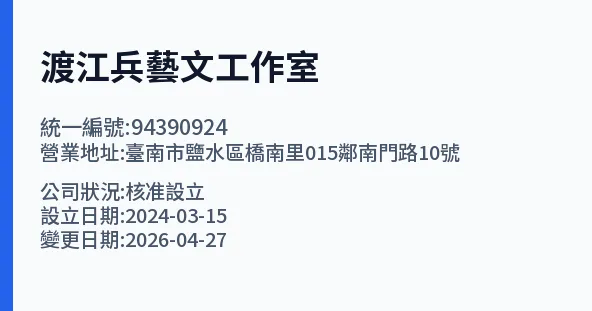 渡江兵藝文工作室的照片-統編 94390924(臺南市) 公司登記資料與營業項目詳細圖表