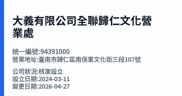 大義有限公司全聯歸仁文化營業處的照片-統編 94391000(臺南市) 公司登記資料與營業項目詳細圖表