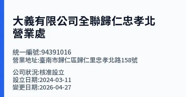 大義有限公司全聯歸仁忠孝北營業處的照片-統編 94391016(臺南市) 公司登記資料與營業項目詳細圖表