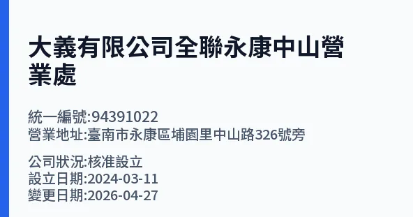 大義有限公司全聯永康中山營業處的照片-統編 94391022(臺南市) 公司登記資料與營業項目詳細圖表