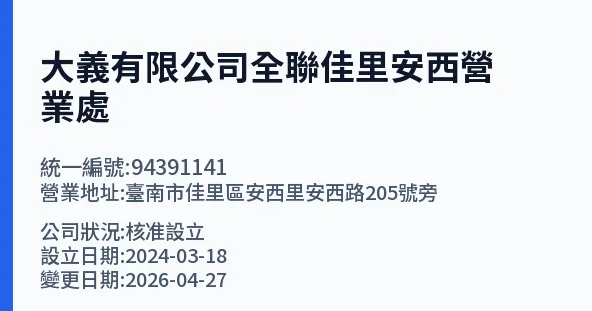 大義有限公司全聯佳里安西營業處的照片-統編 94391141(臺南市) 公司登記資料與營業項目詳細圖表