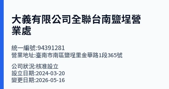 大義有限公司全聯台南鹽埕營業處的照片-統編 94391281(臺南市) 公司登記資料與營業項目詳細圖表